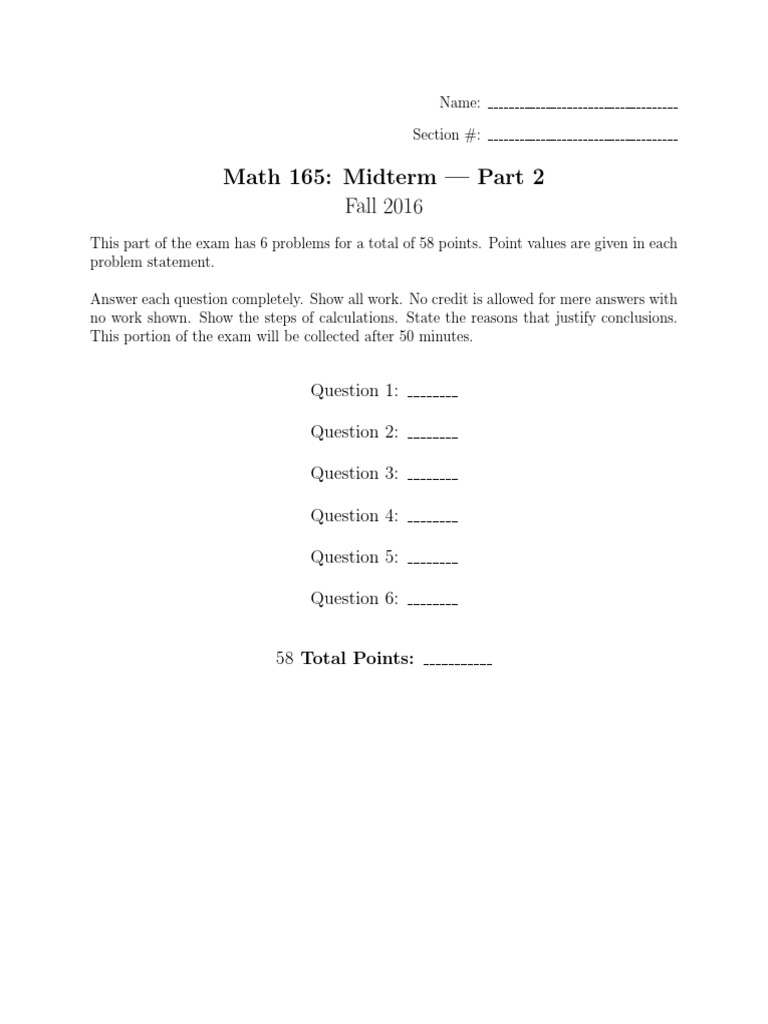 Math 165 Midterm Part 2 Exam 2016 | PDF | Velocity | Derivative