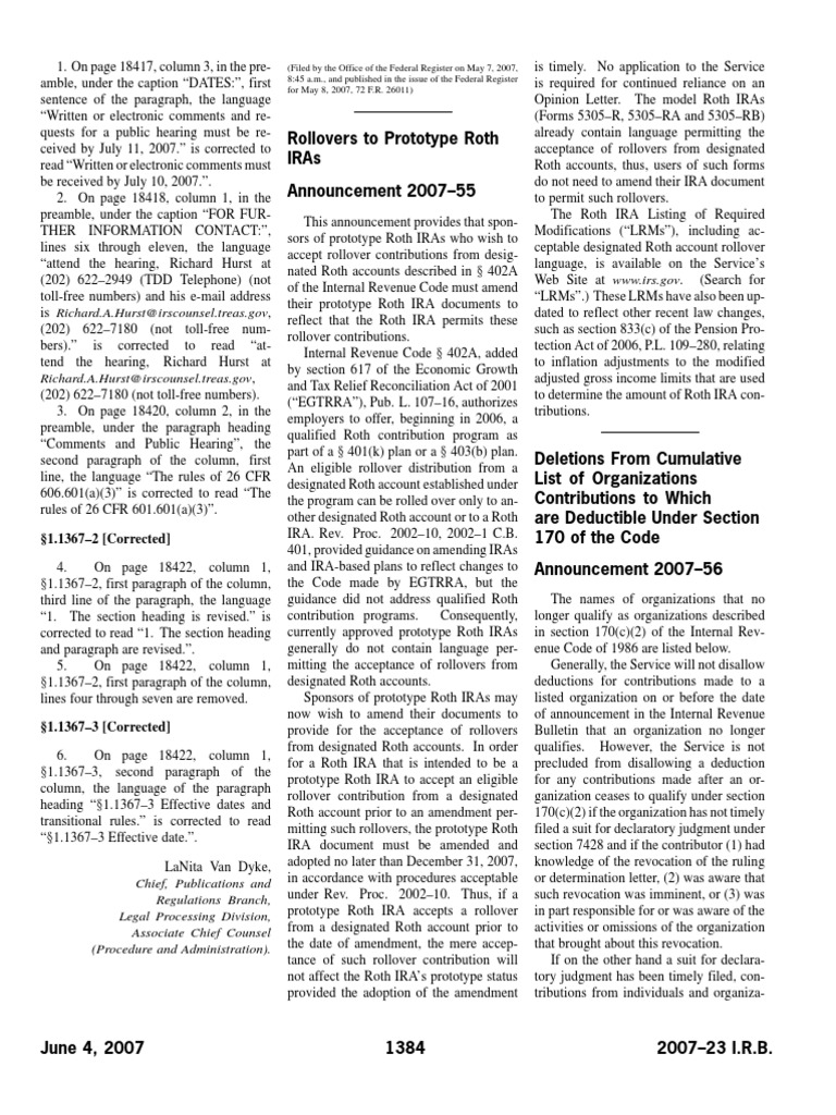 Rollovers To Prototype Roth Iras Announcement 2007-55: Richard.A.Hurst ...