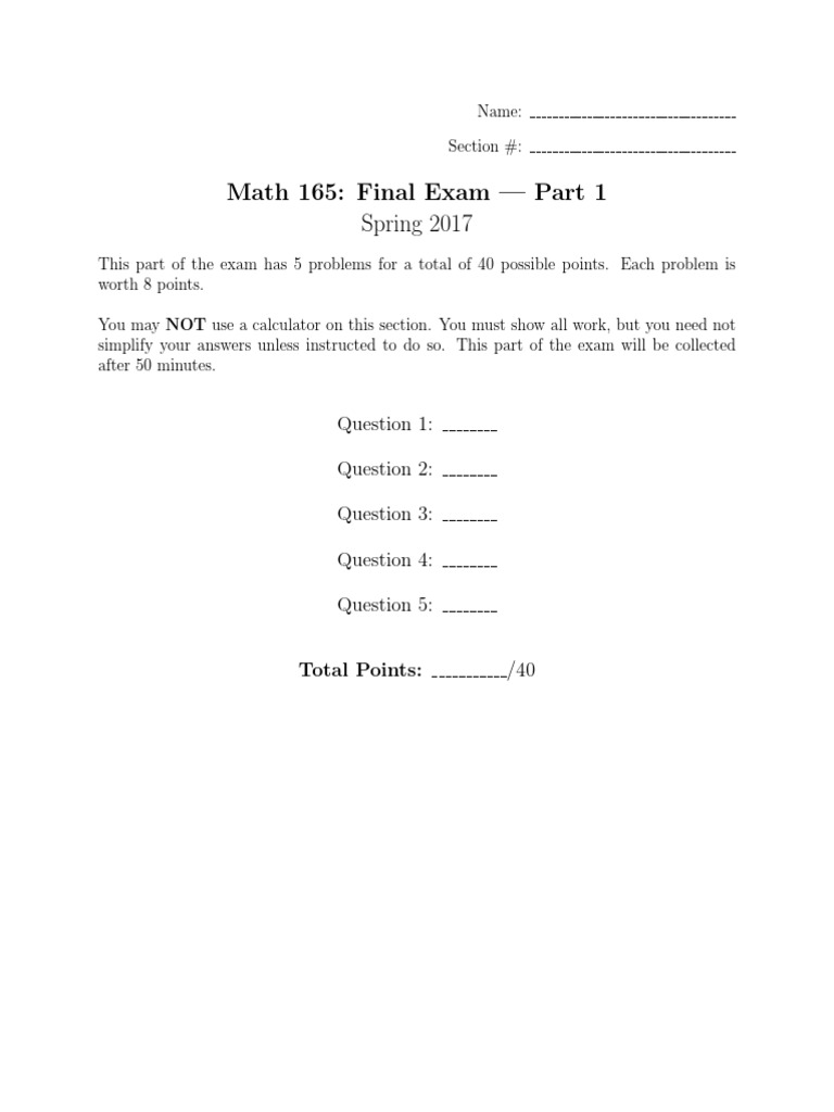 Math 165: Final Exam - Part 1 Spring 2017 | PDF