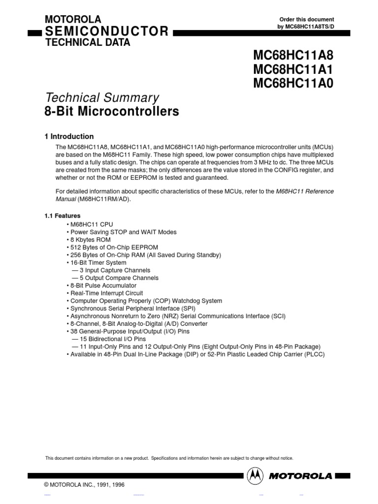 Technical Summary: Semiconductor MC68HC11A8 MC68HC11A1 MC68HC11A0 8-Bit Microcontrollers | PDF ...