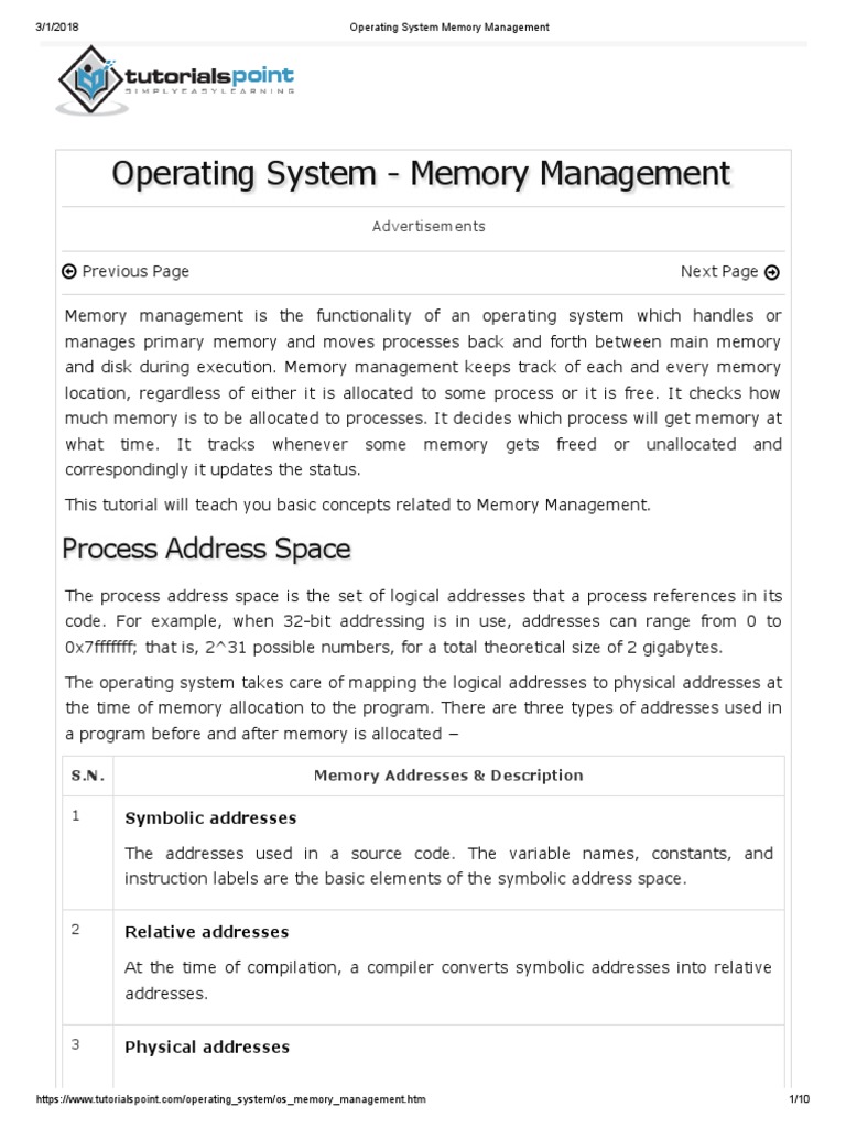 Operating System - Memory Management: Process Address Space | PDF | Library (Computing ...