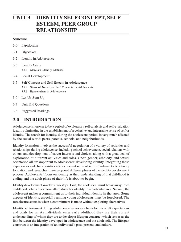 Unit 3 Identity Self Concept, Self Esteem, Peer Group Relationship | Download Free PDF ...