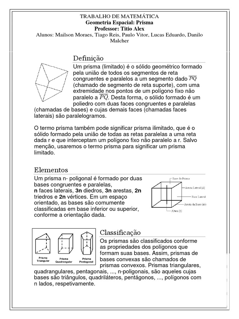 Trabalho de Matemática Prisma | PDF | Geometria Euclidiana | Geometria Elementar