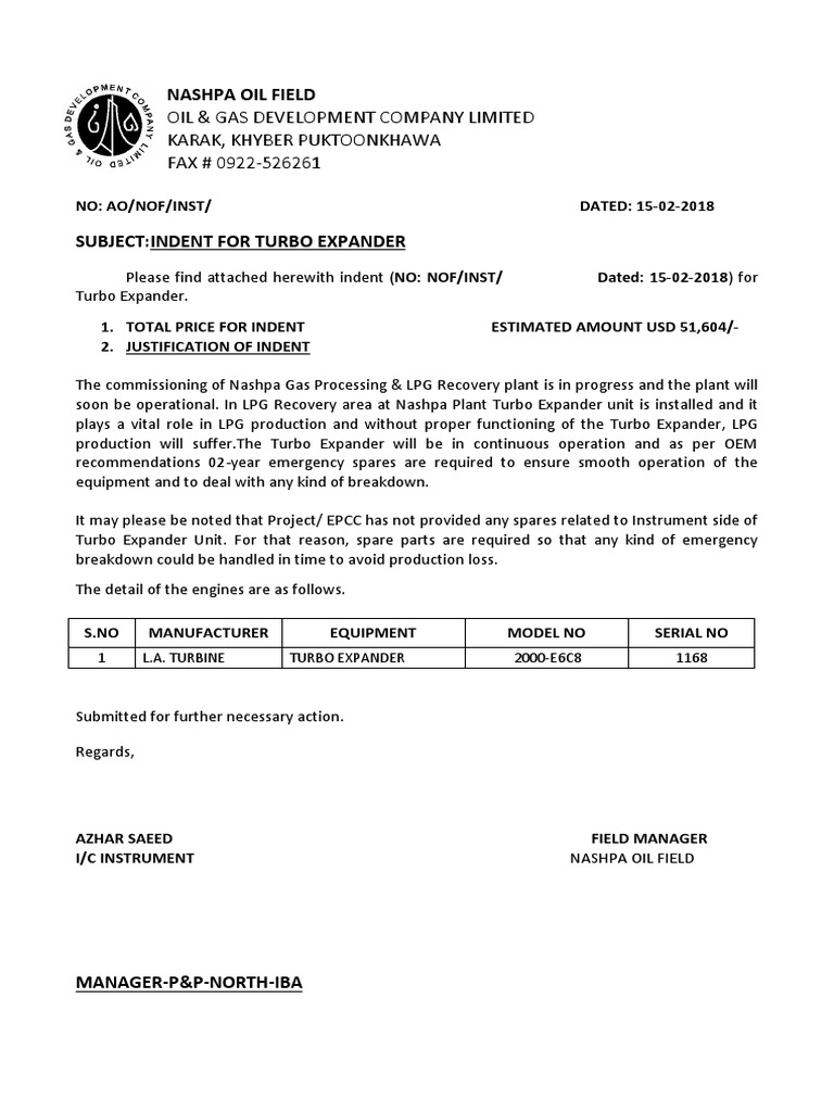 Cover Letter For Turbo Expander Indent - Instrument | PDF