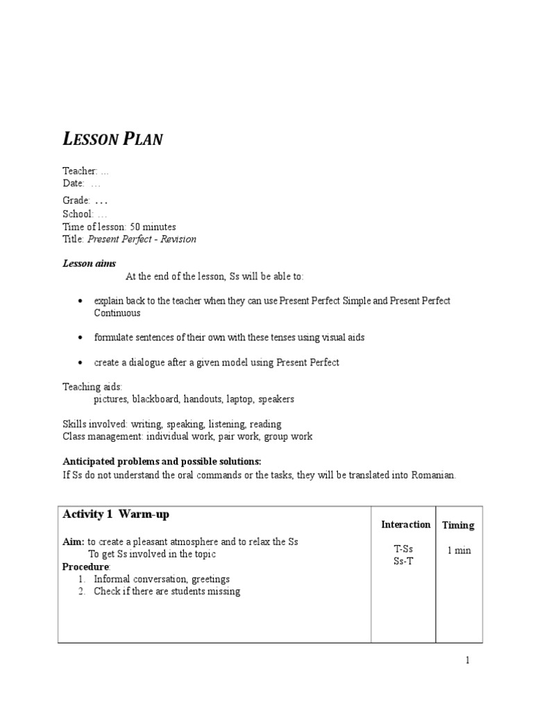 Plan de Lectie - Perfectul Simplu | PDF | Perfect (Grammar) | Style ...