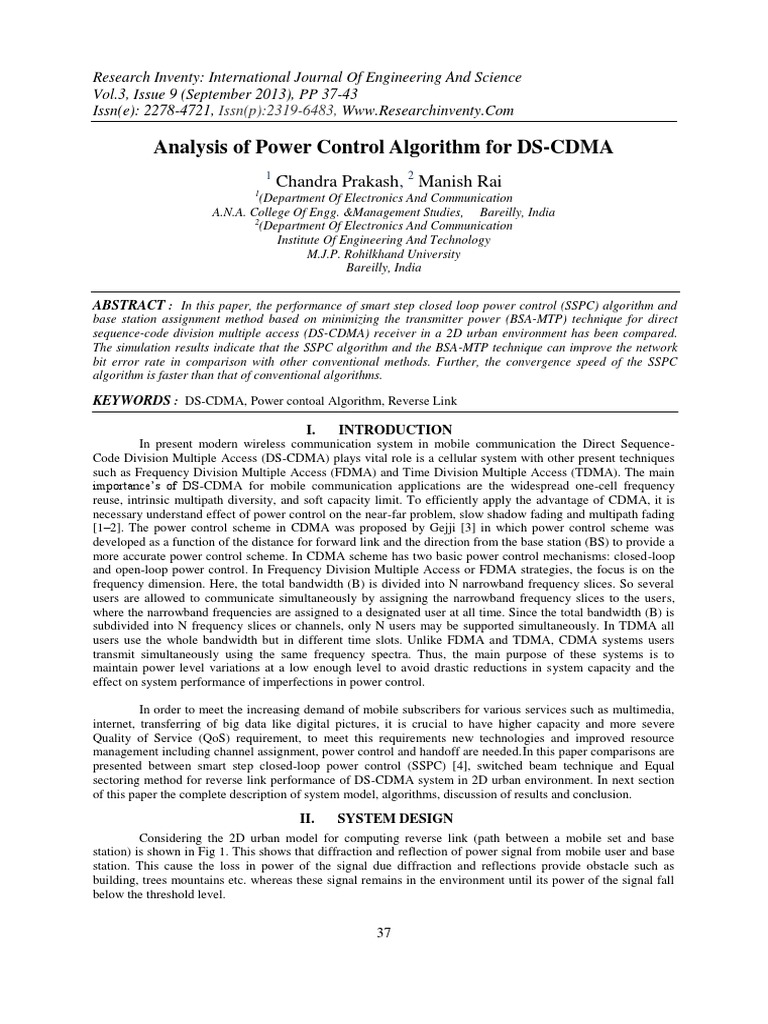 Analysis of Power Control Algorithm For DS-CDMA: Chandra Prakash Manish ...