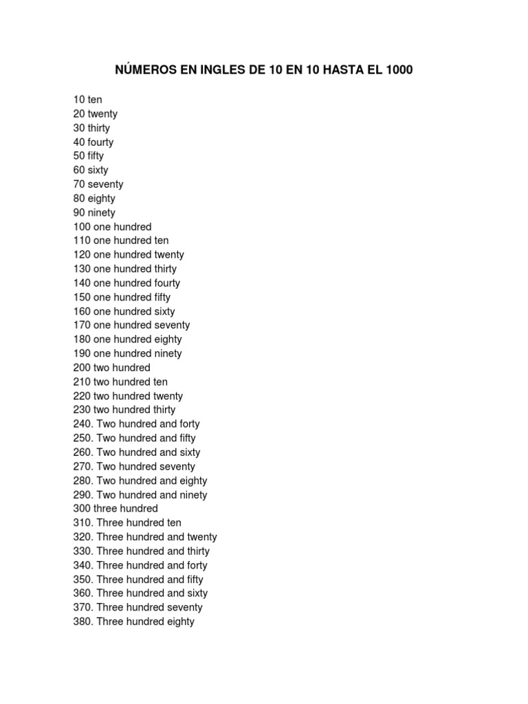 Numeros 10 en 10 Hasta 1000 | PDF
