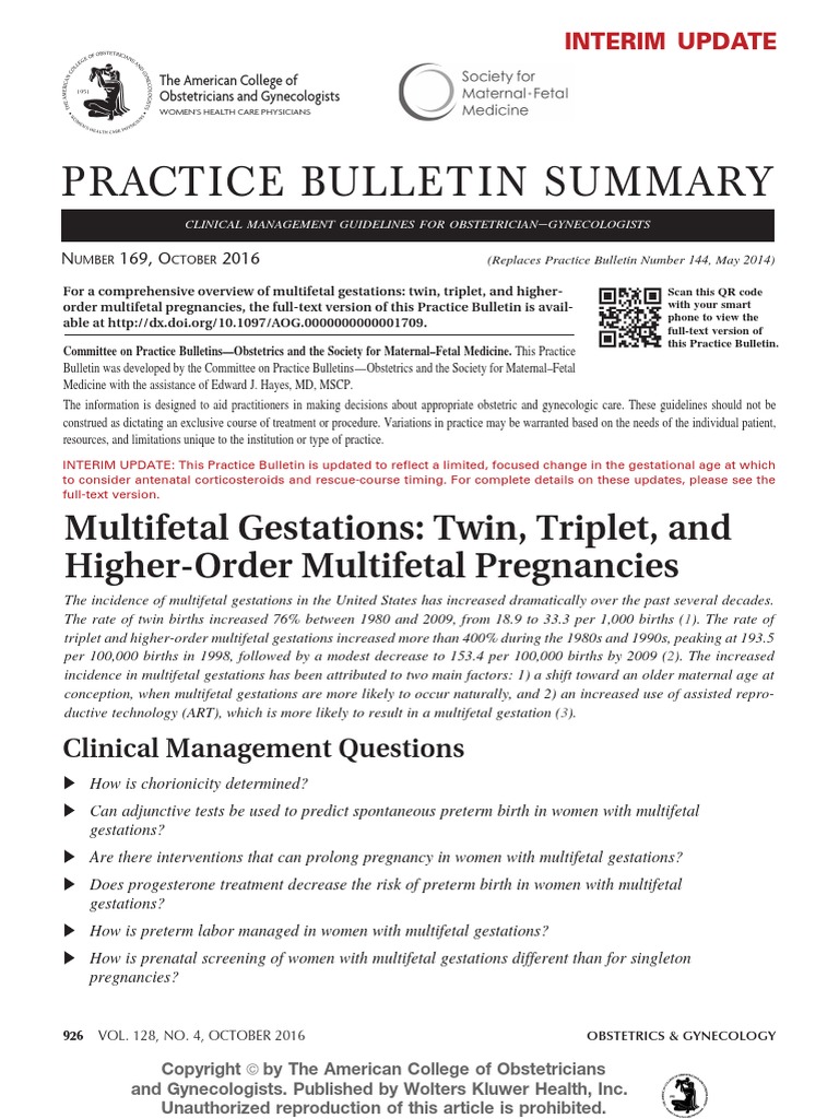 Practice Bulletin Summary: Multifetal Gestations: Twin, Triplet, and Higher-Order Multifetal ...