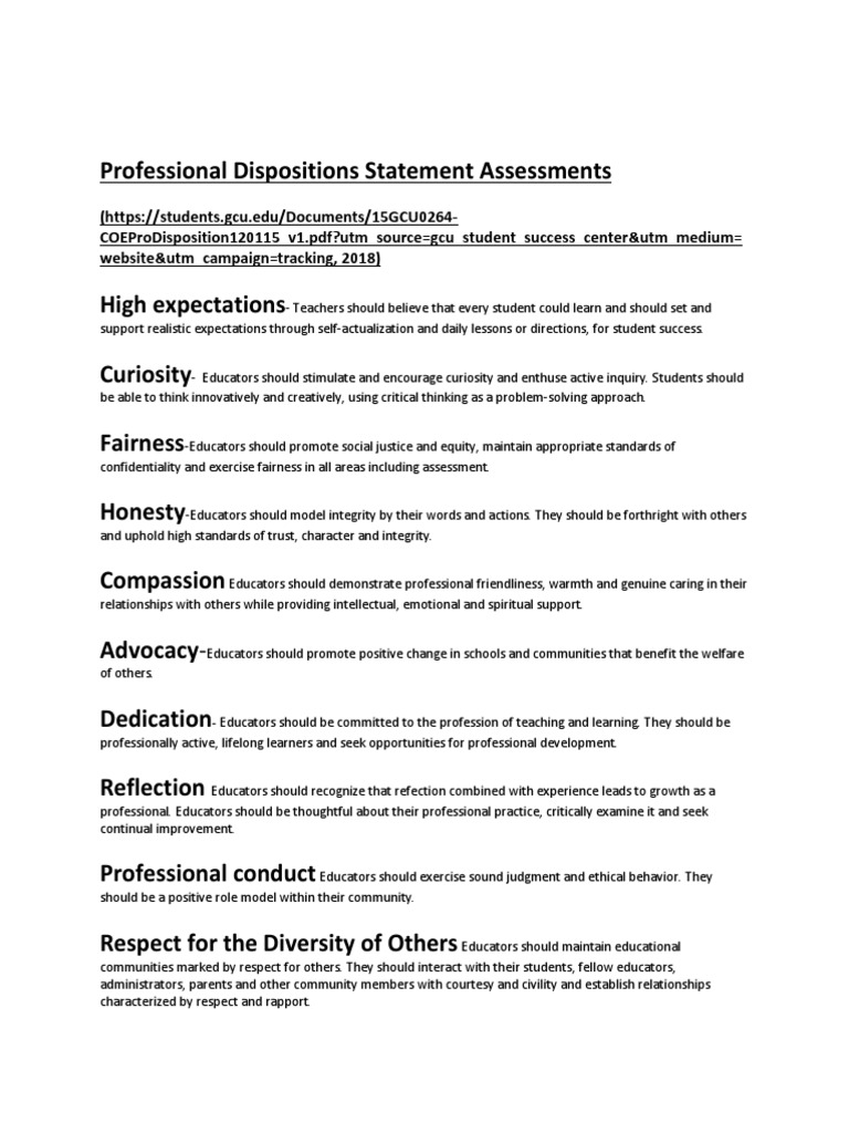 Professional Dispositions Statement Assessments | PDF | Teachers ...