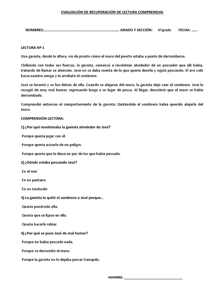 Evaluación de Lectura Comprensiva | PDF | Ocio