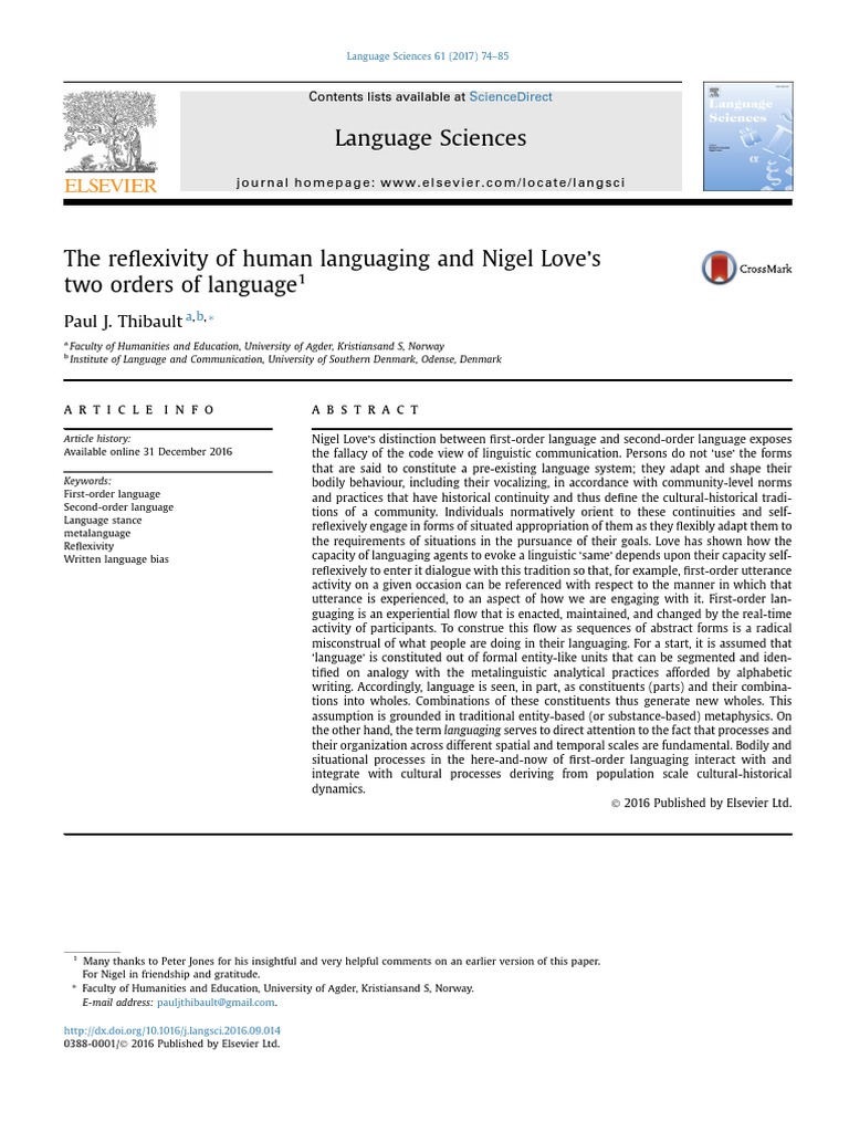 The Reflexivity of Human Languaging Thibault | PDF | Perception | Self