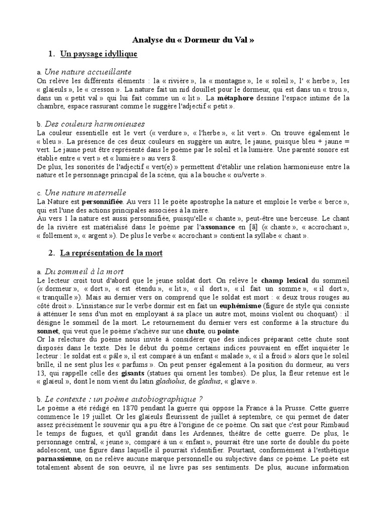 Analyse du poème "Le Dormeur du Val" | PDF | Sonnets | Arthur Rimbaud
