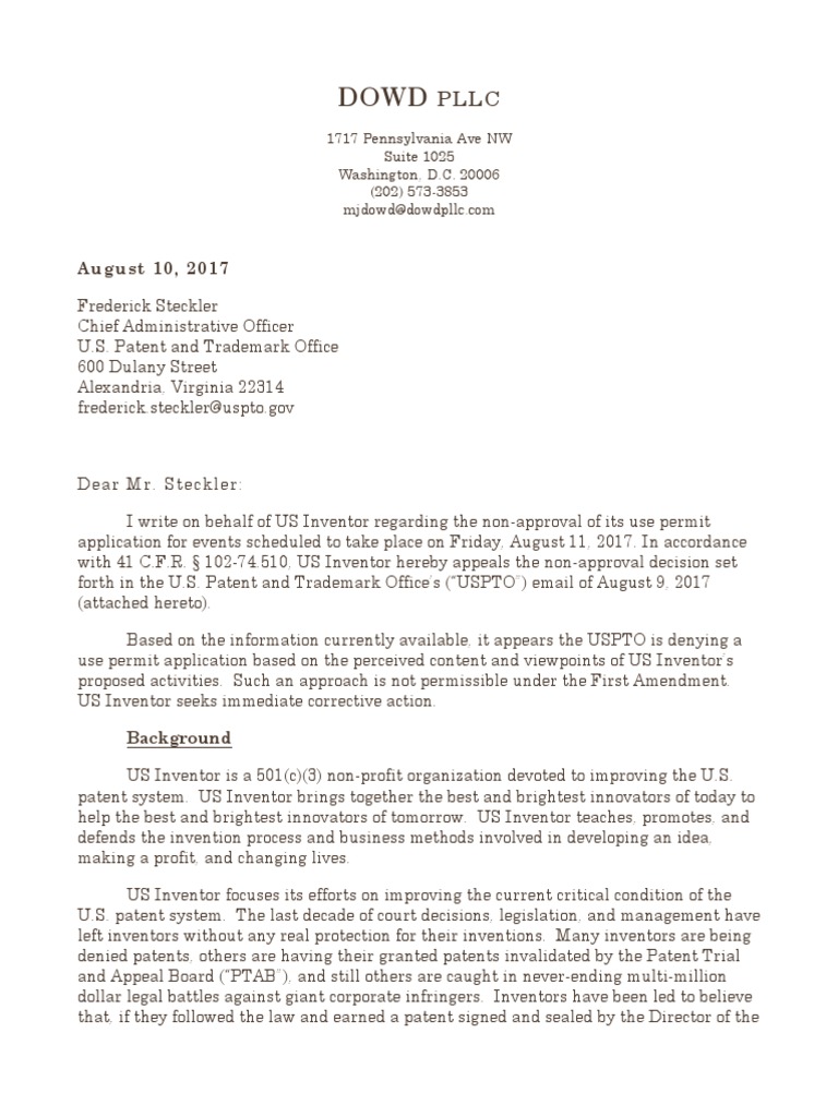 Letter To USPTO August 10 2017 | PDF | United States Patent And ...