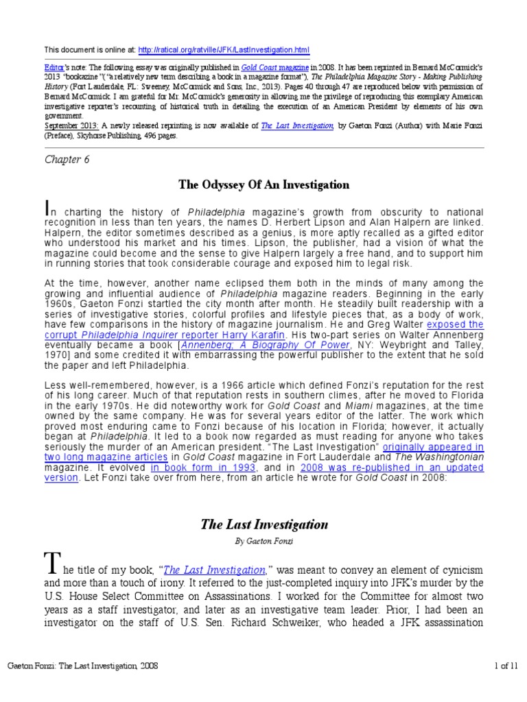The Last Investigation by Gaeton Fonzi (Excerpt) | PDF | Warren ...