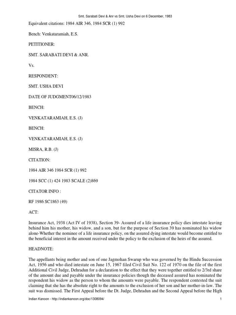 01 SMT (1) - Sarabati Devi & Anr Vs Smt. Usha Devi On 6 December, 1983 | PDF | Insurance | High ...