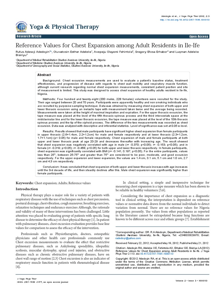 Reference Values For Chest Expansion Among Adult Residents in Ile Ife ...