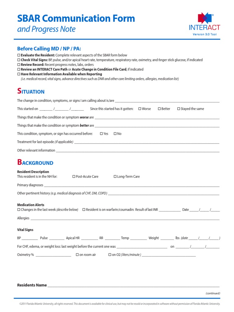 SBAR Communication Form: and Progress Note | PDF | Medicine | Clinical ...