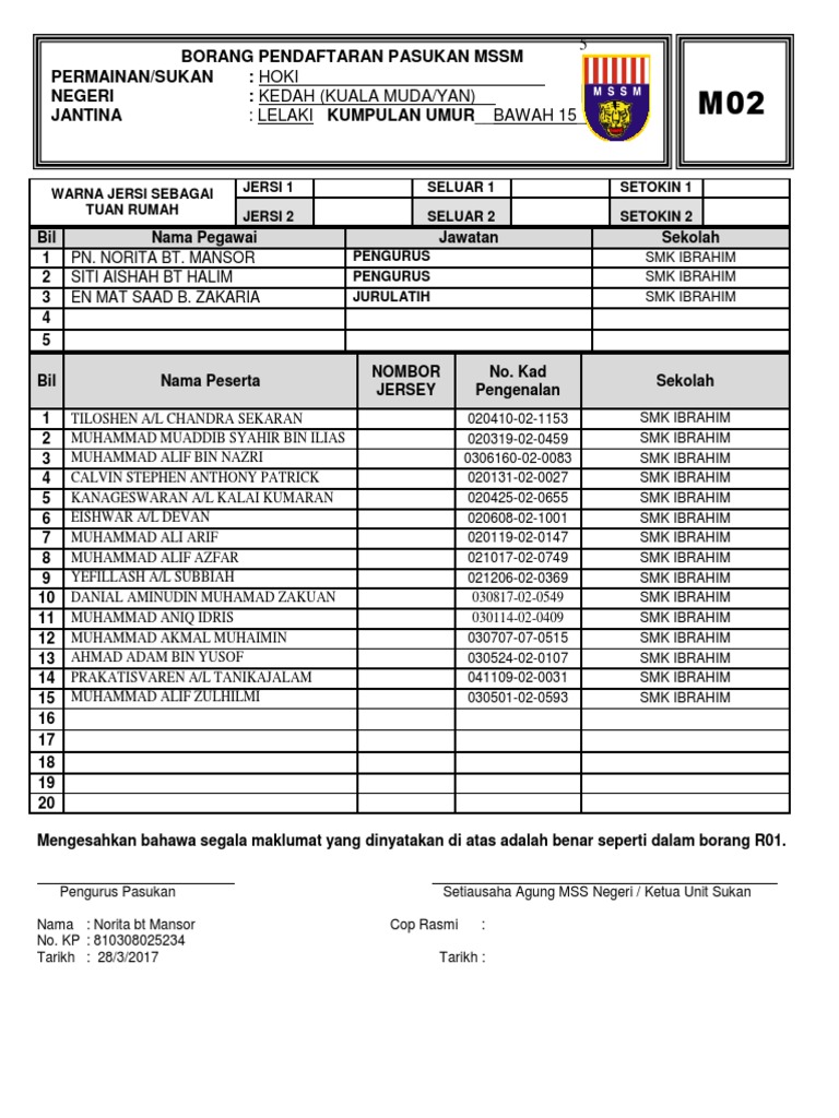 Borang Pendaftaran Pasukan - Mo2-Hoki-Lelaki B15 2017 | PDF