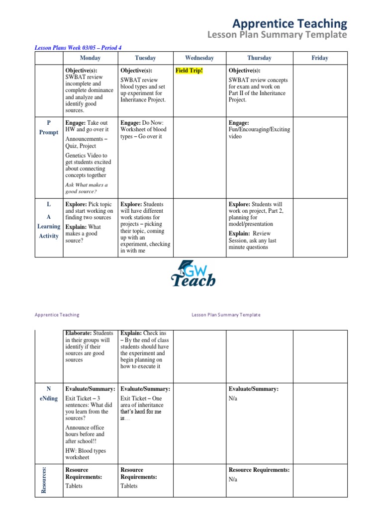 Apprentice Teaching: Lesson Plan Summary Template | Download Free PDF ...