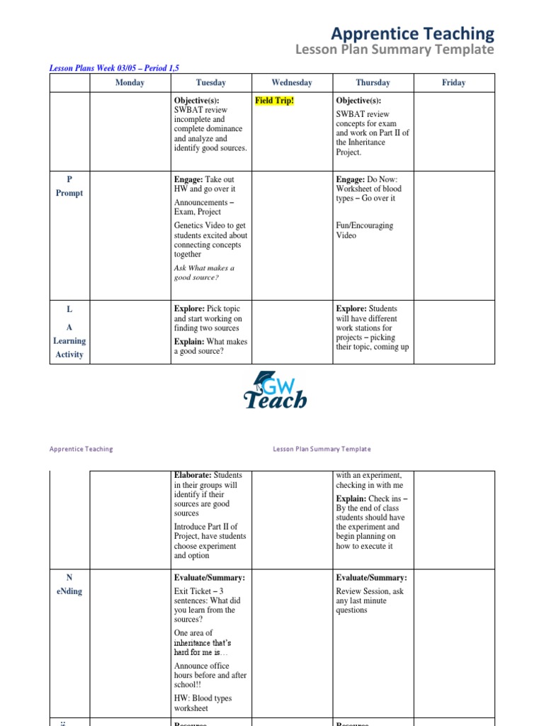 Apprentice Teaching: Lesson Plan Summary Template | PDF | Lesson Plan ...