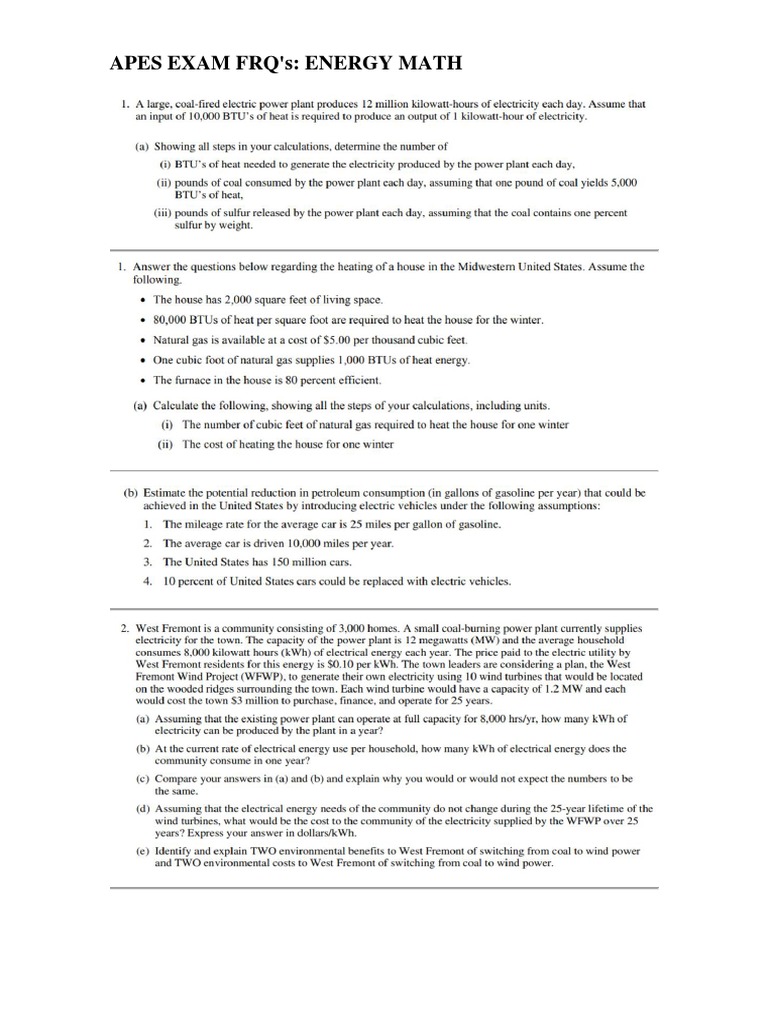 APES Exams, FRQ'S: ENERGY MATH | PDF