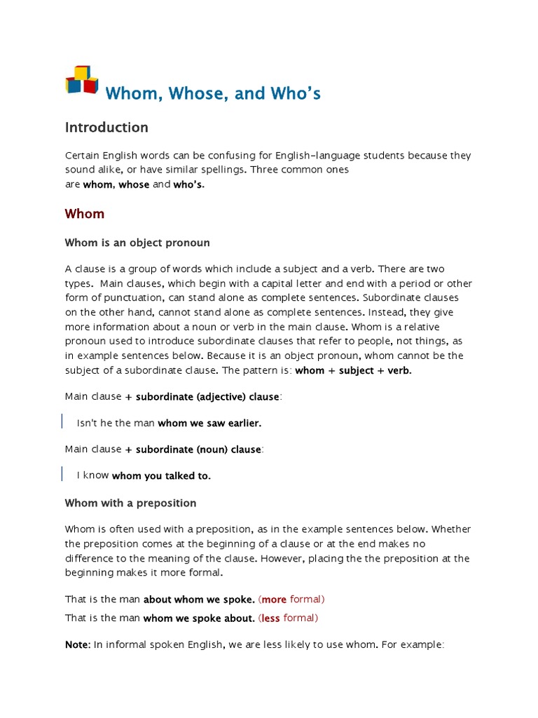 Whom, Whose, and Who's: Whom Is An Object Pronoun | PDF | Clause | Verb