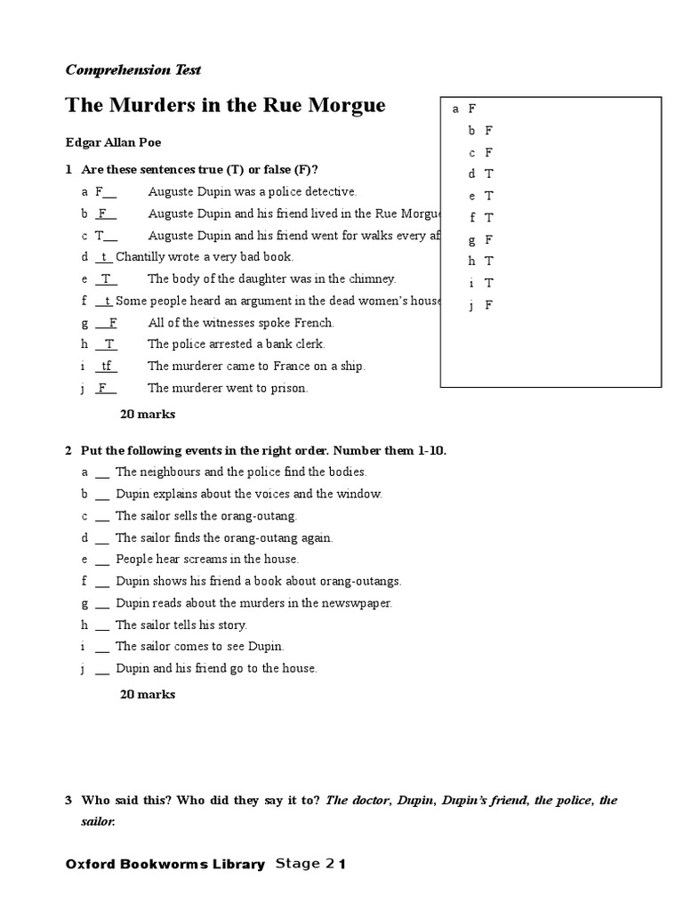 Comprehension Test: Rue Morgue Murders | PDF | The Murders In The Rue ...