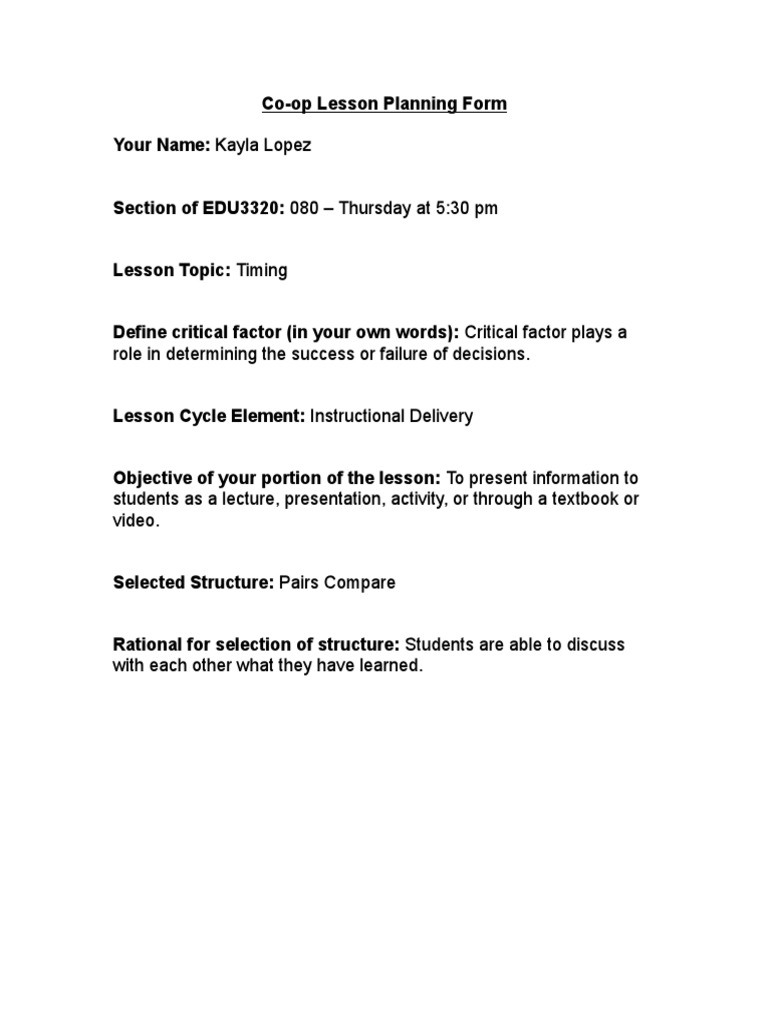 Cooplessonplanningform | PDF | Career & Growth | Science & Mathematics