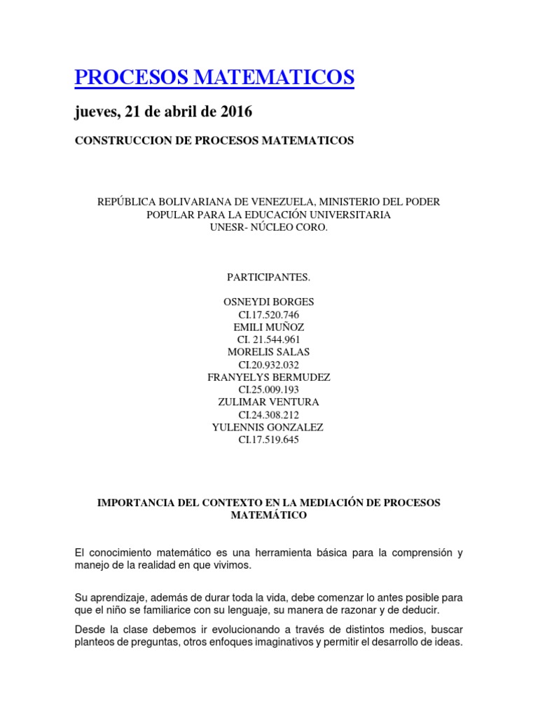 Unidad I Proceso Matematicos | PDF | Constructivismo (filosofía de la ...