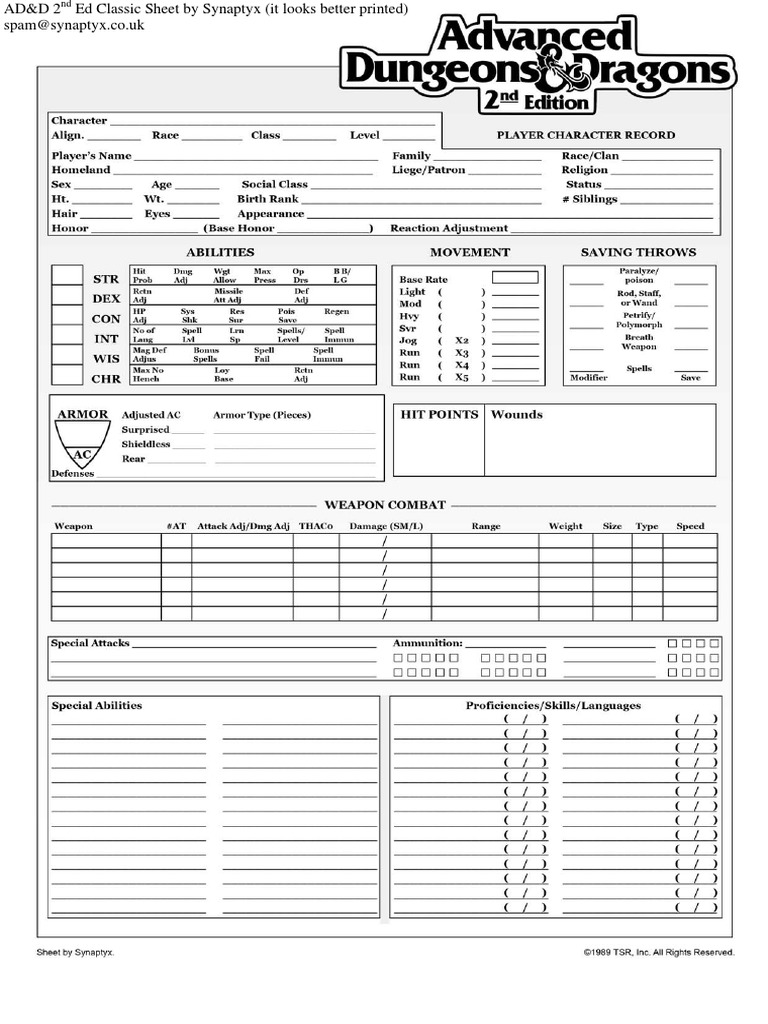 Ad D 2nd Edition Character Sheet By Synaptyx Pdf Pdf