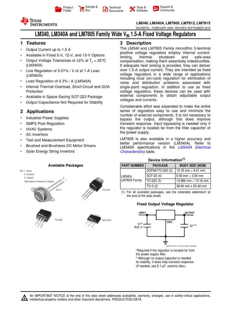 LM340, LM340A and LM7805 Family Wide V 1.5-A Fixed Voltage Regulators ...