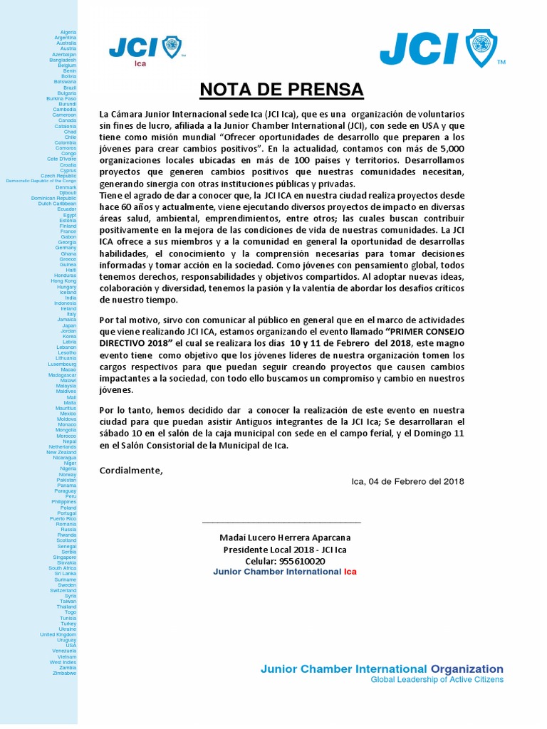 Nota de Prensa Jci Ica | PDF | Negocios (general)