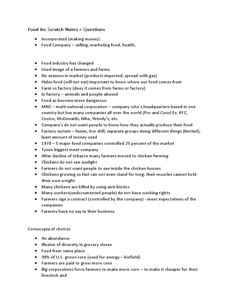 Scratch Notes - Food Inc | PDF | Monsanto | Foods