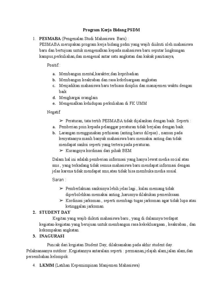 Program Kerja Bidang PSDM | PDF