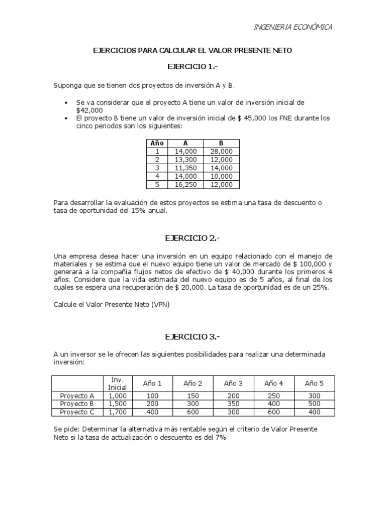 Ejercicios para Calcular El Valor Presente Neto | PDF