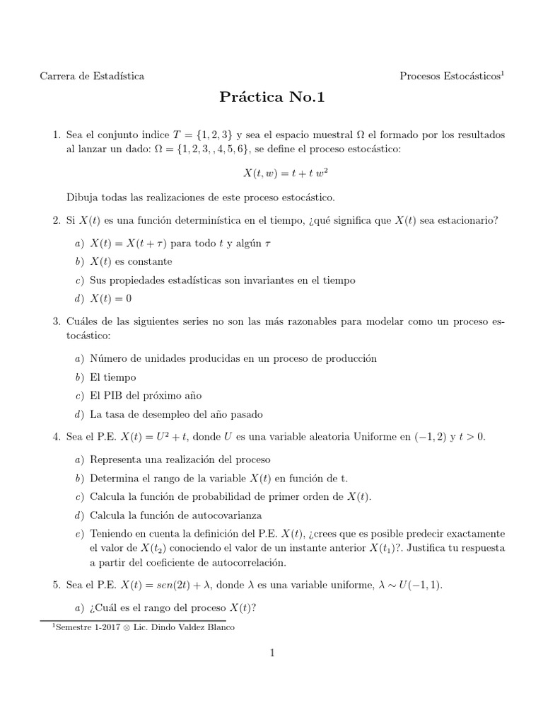 Práctica 1 Procesos Estocásticos. | PDF | Variable aleatoria | Proceso ...