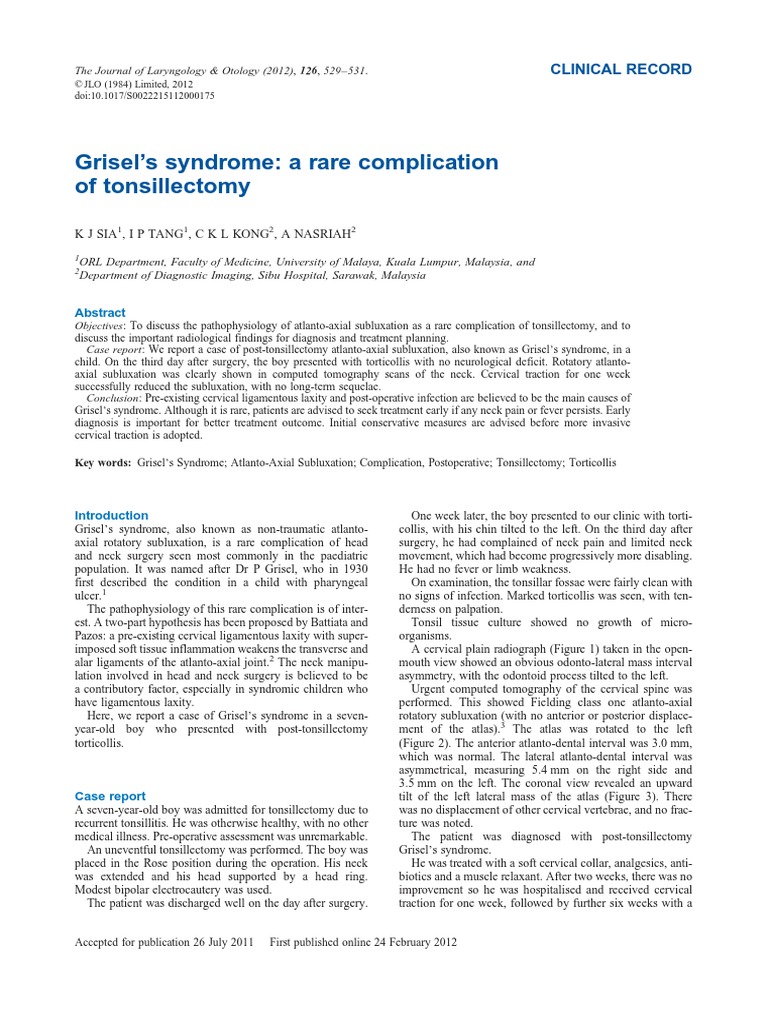 Grisel's Syndrome A Rare Comp-2 PDF | PDF | Neck | Vertebral Column