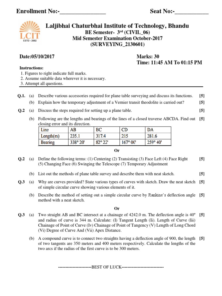 Surveying Question Paper | PDF | Surveying | Tangent