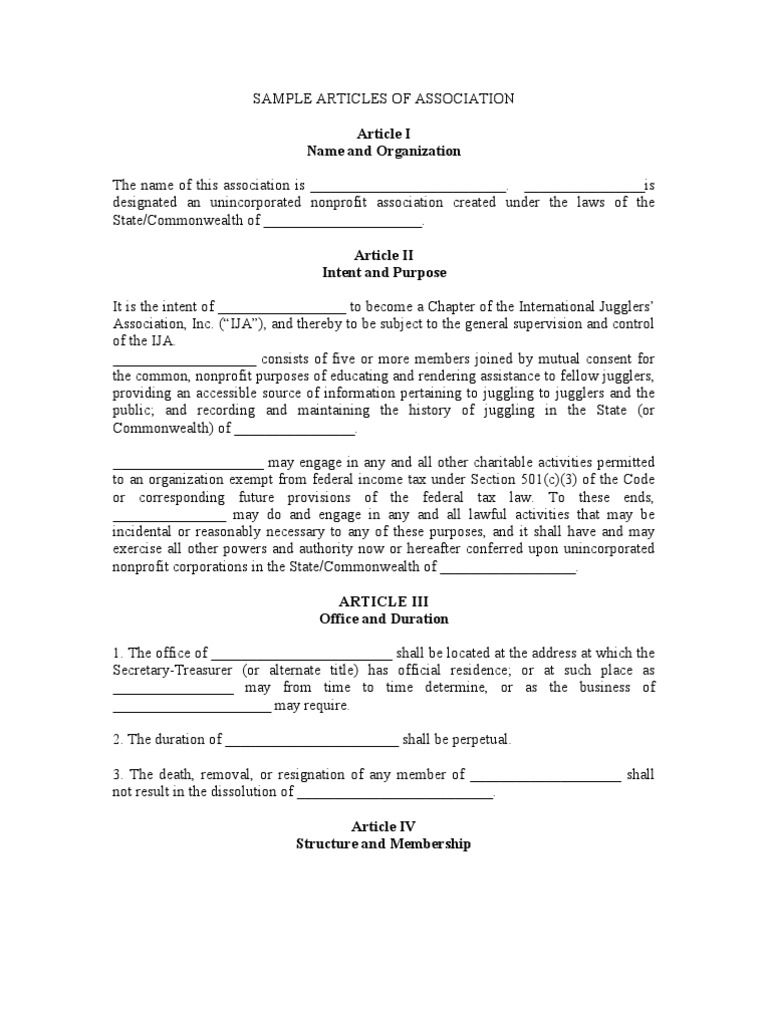Articles of Association Template | Nonprofit Organization | 501(C ...