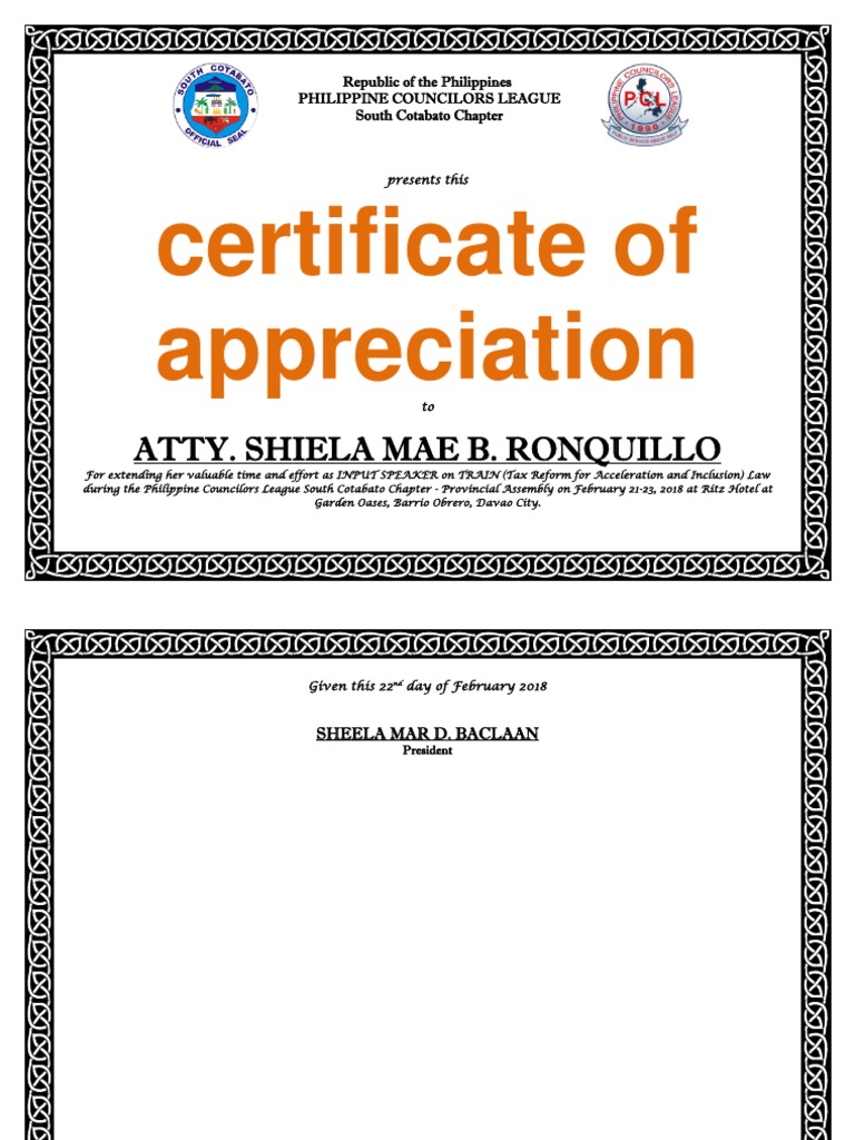 Certificate of Appreciation: Atty. Shiela Mae B. Ronquillo | PDF