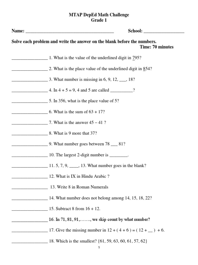 MTAP Grade 1 Math Challenge Questions | PDF | Teaching Mathematics