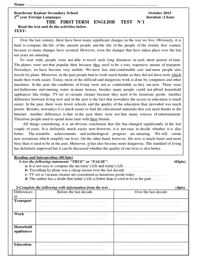 The First Term English Test N°1 | PDF | Linguistic Typology | Cognition