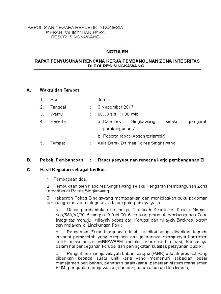 NOTULEN Rapat Penyusunan Rencana Kerja ZI | PDF