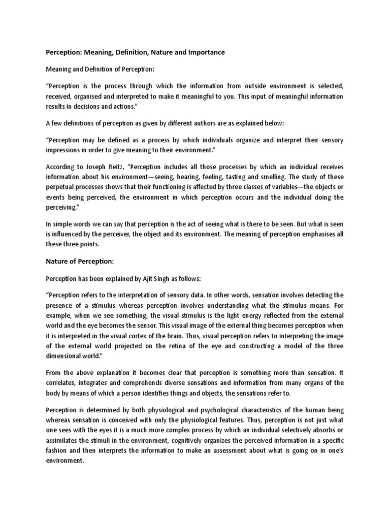 Perception: Meaning, Definition, Nature and Importance | Download Free PDF | Perception | Attention