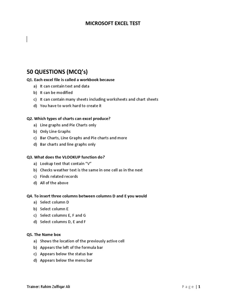 50 Questions (Mcq’S): Microsoft Excel Test