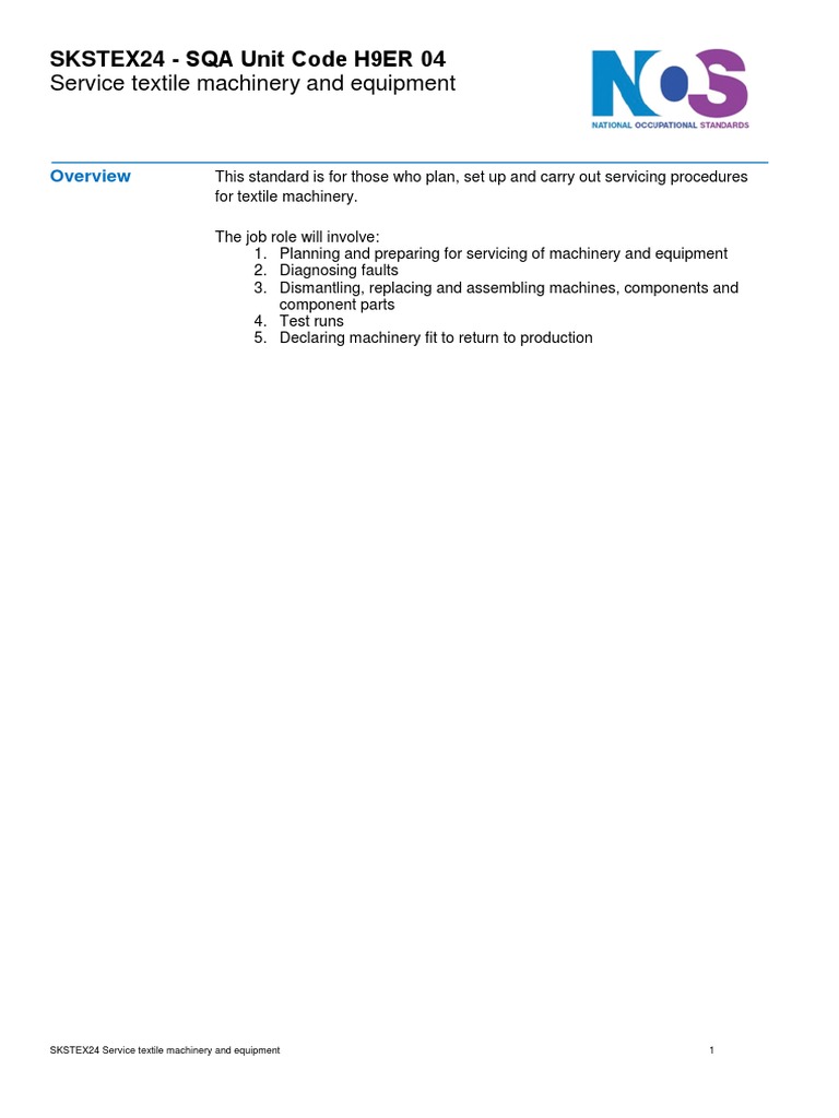Service Textile Machinery and Equipment: Skstex24 - SQA Unit Code H9ER ...