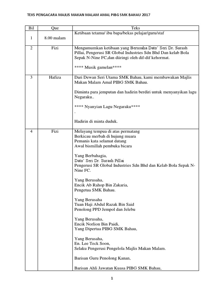 Skrip MC Majlis Makan Malam Alumni SMK Bahau | PDF