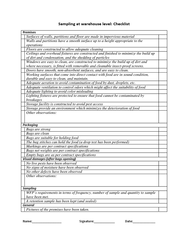 Warehouse Sampling Checklist Guide | PDF | Wall | Building Engineering