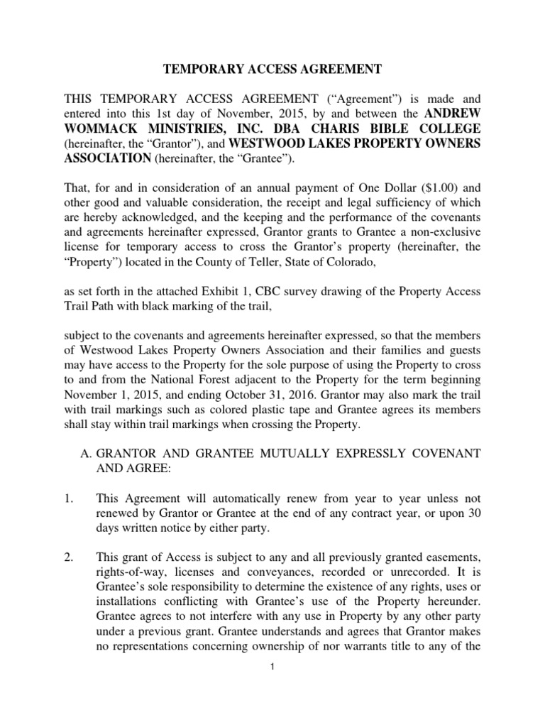 Temporary Access Agreement | PDF | Covenant (Law) | Indemnity