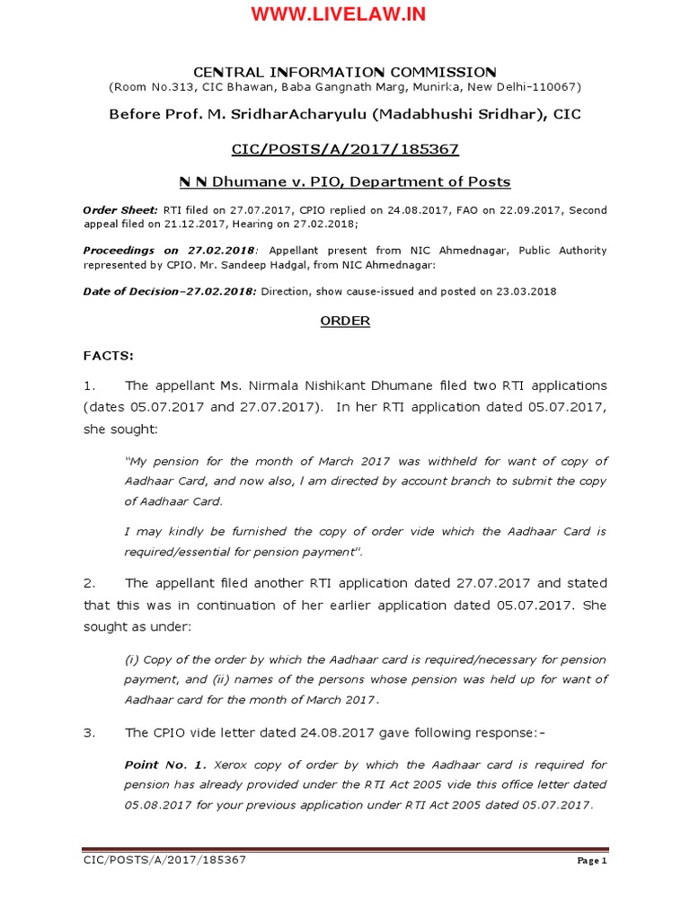 Denial of Pension For Lack of Aadhaar Linkage - CIC Seeks Explanations ...